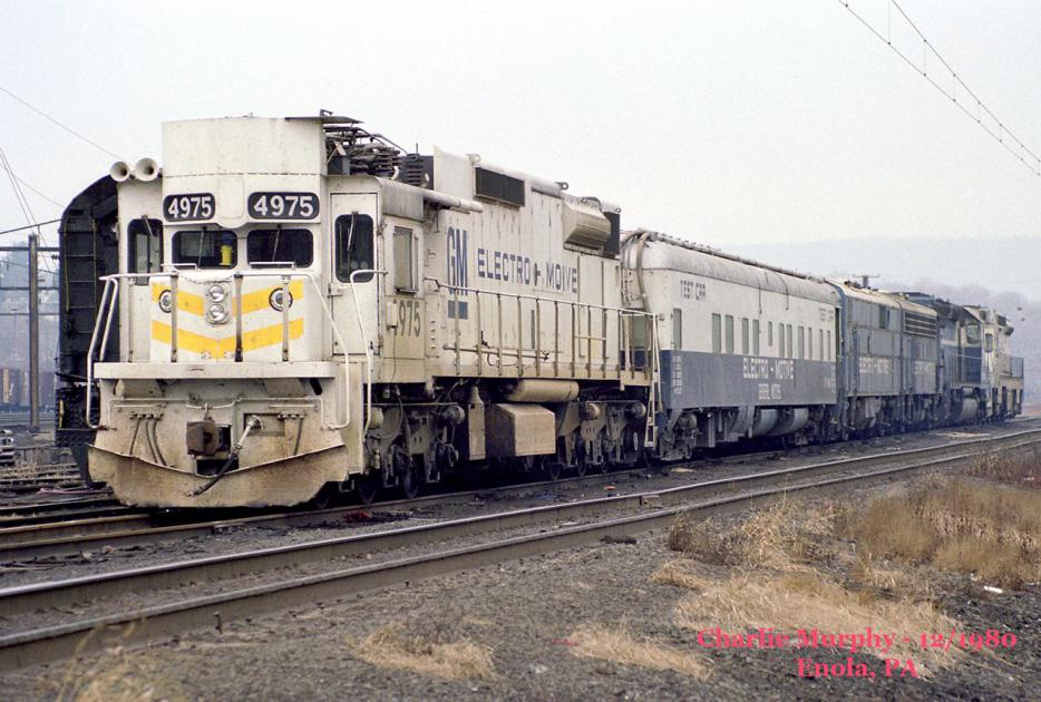 EMDX 4975, 4976, and EMD test equipment in Enola Yard, 12/1980 ...
